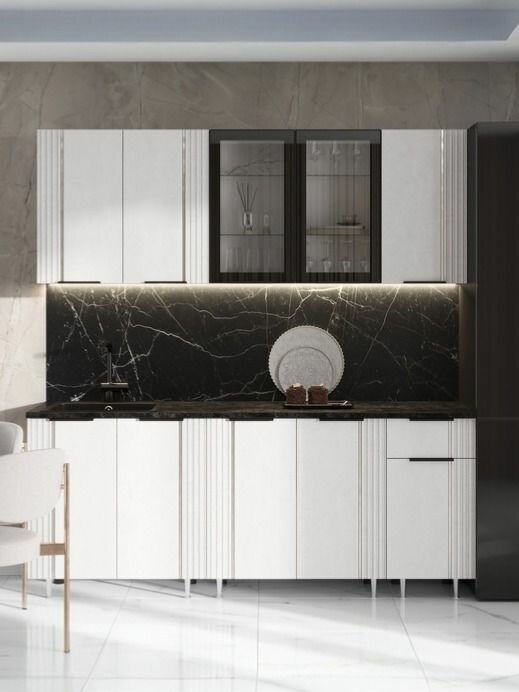 Кухонный гарнитур Виктория 2м пластер бьянко/корпус белый со столешницей миф