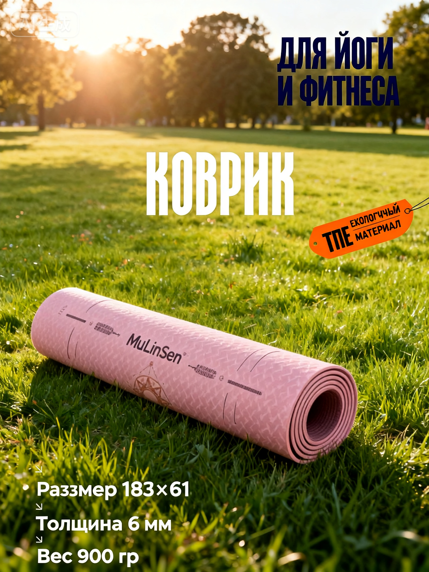 Коврик для фитнеса и йоги , нескользящий, ТПЕ, розовый, с чехлом