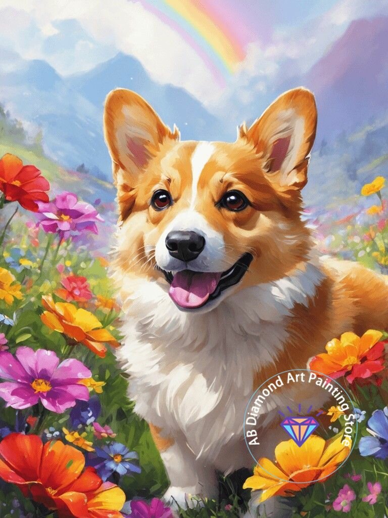 Алмазная картина "Животные породы корги" алмазная огранка 40х50 см,40X50CM, белый