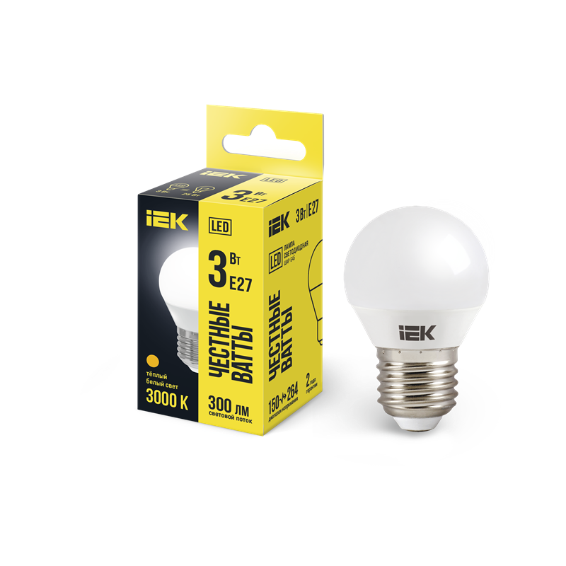 Лампа светодиодная 3Вт шар Е27 3000К 216Лм матовая IEK LLE-G45-3-230-30-E27