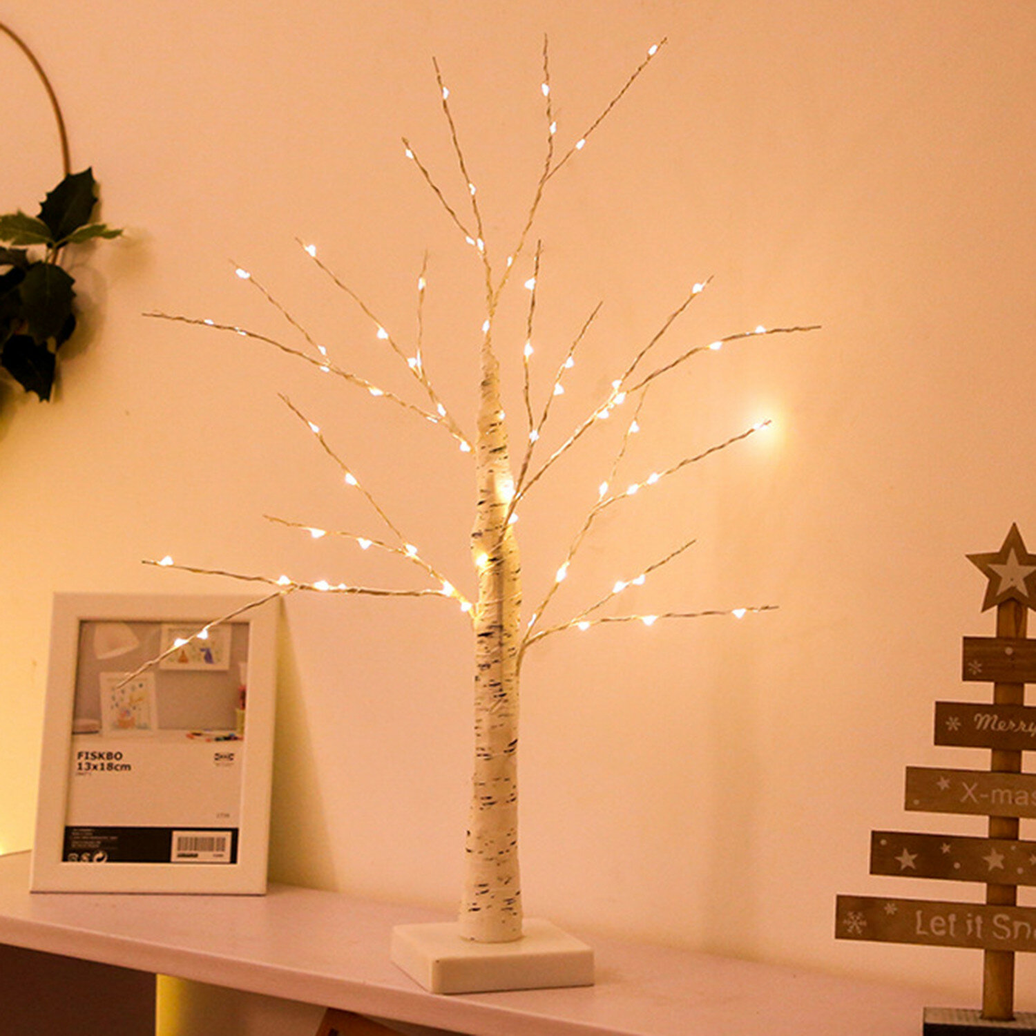 Светодиодные ландшафтные огни для рождественских украшений, имитация горящих деревьев, светодиодные березовые деревья, теплый белый, 60см, 65 светодиодных лампочек, пластик, питание 3xAA батарейки или USB 5.1/5.5 круглые отверстия, 1шт светодиодное