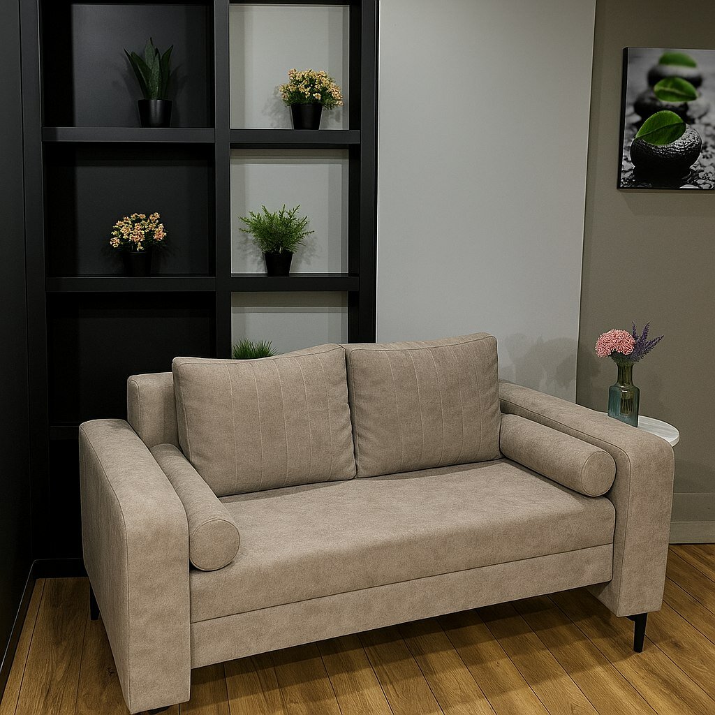 Современный раскладной диван кровать Пула, бежевый капучино велюр, еврокнижка, двухспальный