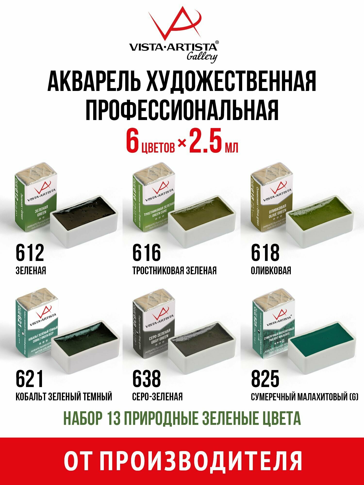 Набор акварели в кюветах "оттенки" 6 цветов "VISTA-ARTISTA" VAWS-06 . 13 Природные зеленые (612, 616, 618, 621, 638, 825)