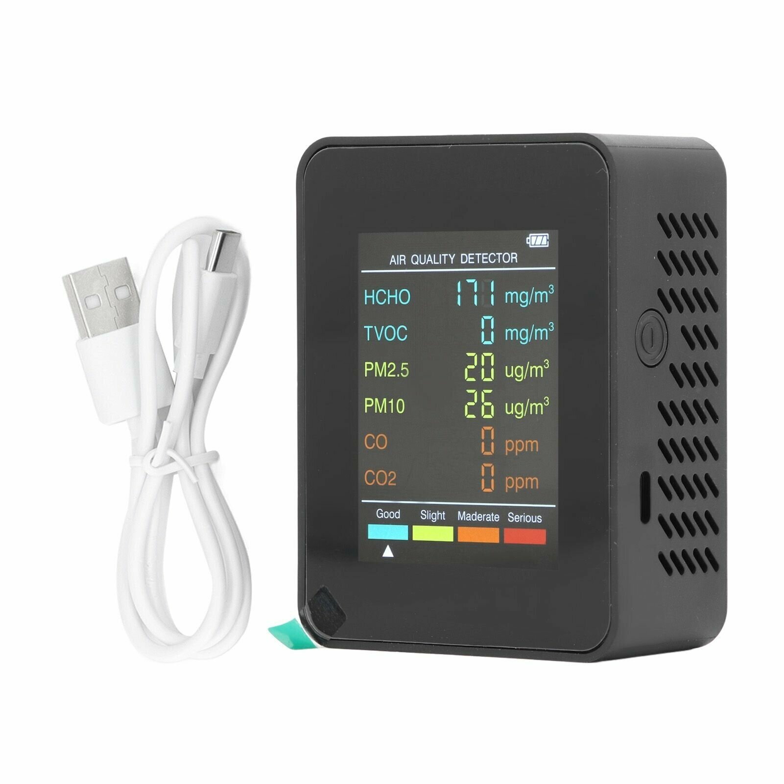 Монитор качества воздуха с портативным ЖК-задним экраном CO2 TVOC HCHO PM2.5 PM10 с сигнализацией, черный