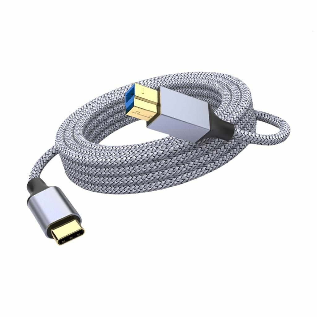 Кабель Type C to USB B с нейлоновой оплеткой, протестирован на 10000+ изгибов, высокая скорость и долговечность, - 2 метра