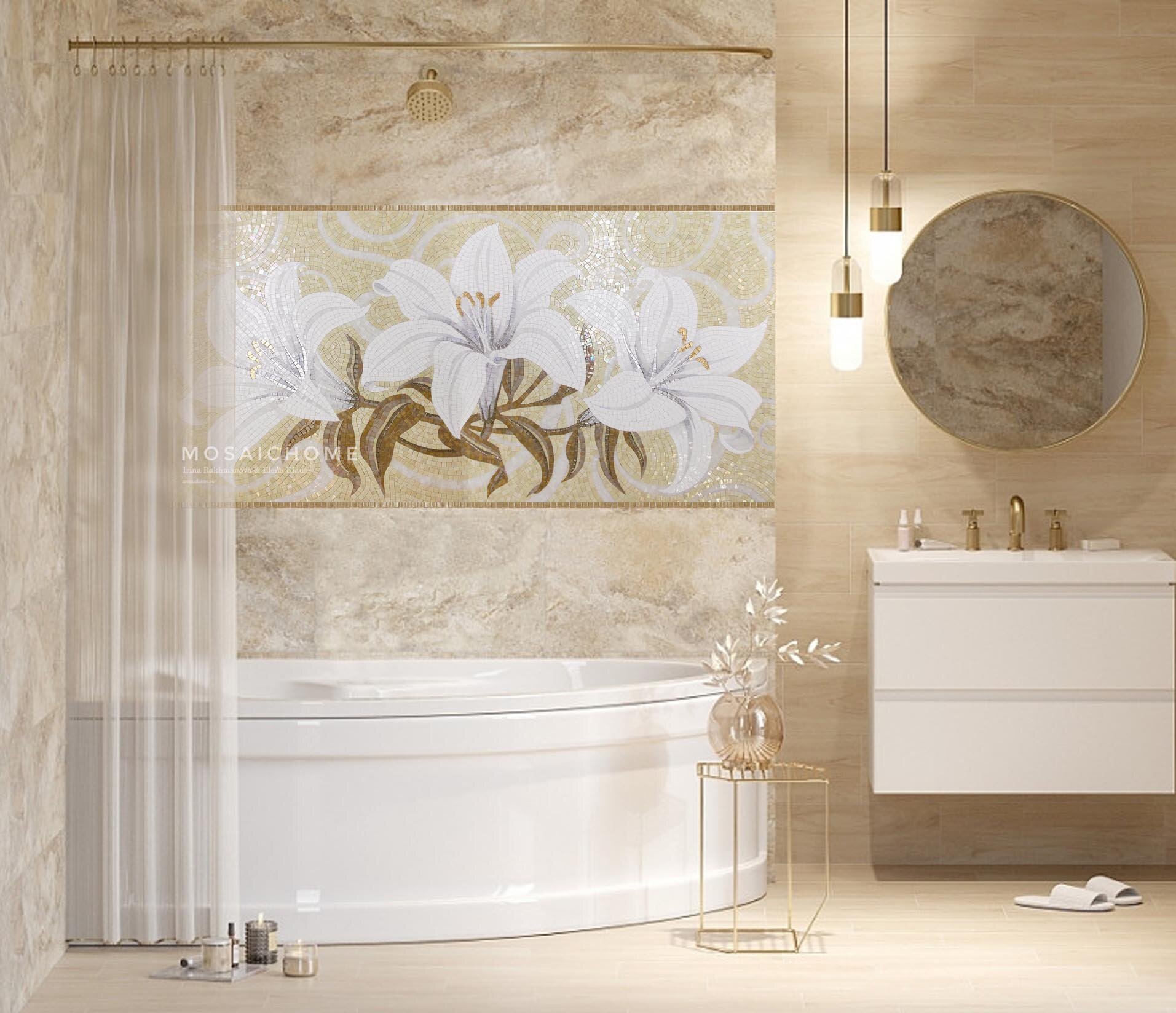 Панно из мозаики MosaicHome "Лилии" Н80см х 170см для ванной, хамама. Художественное, мозаичное панно, ручная работа