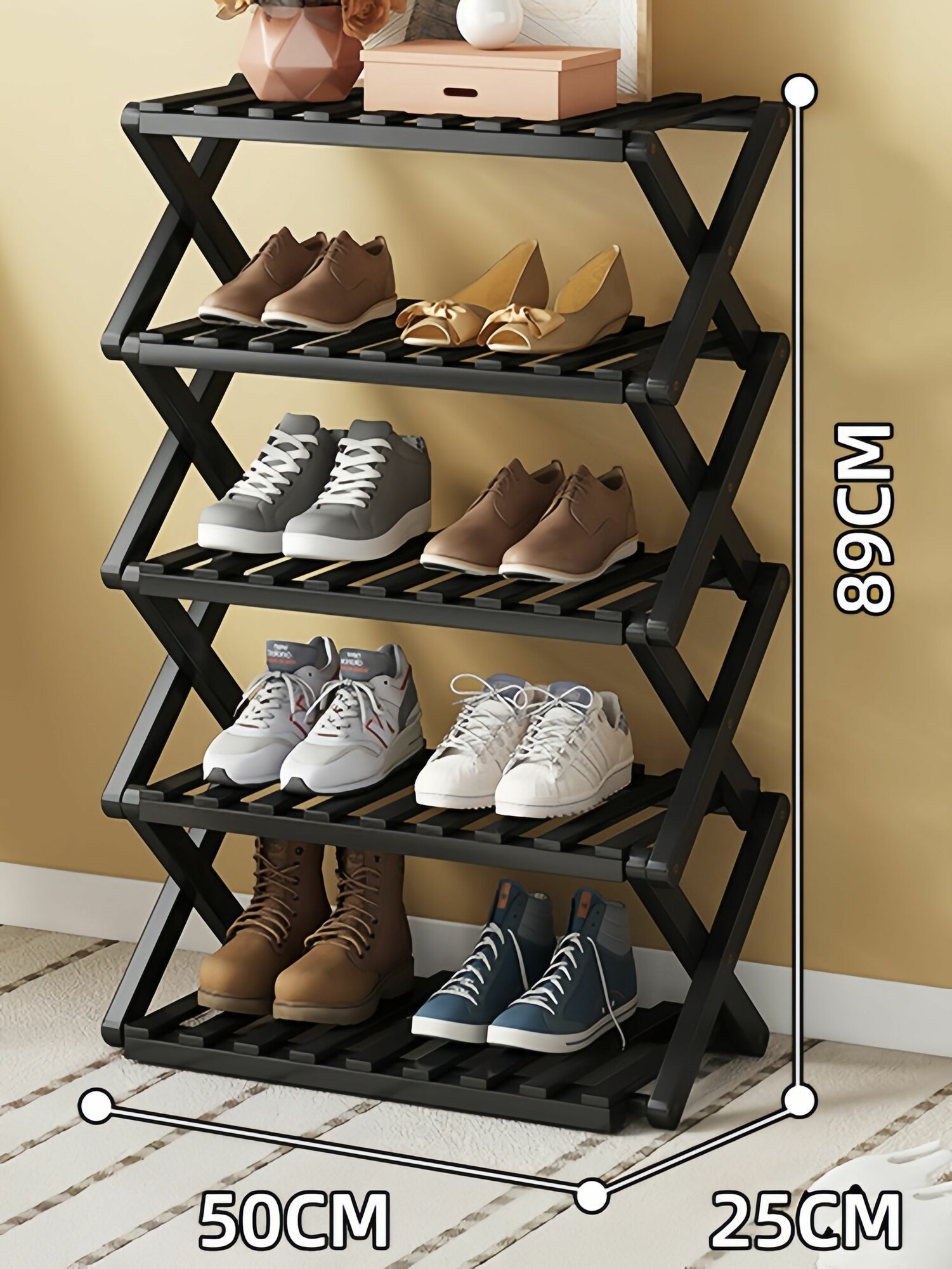 Обувница для прихожей деревянная, Складной, бамбук, черное, Длина 50 см