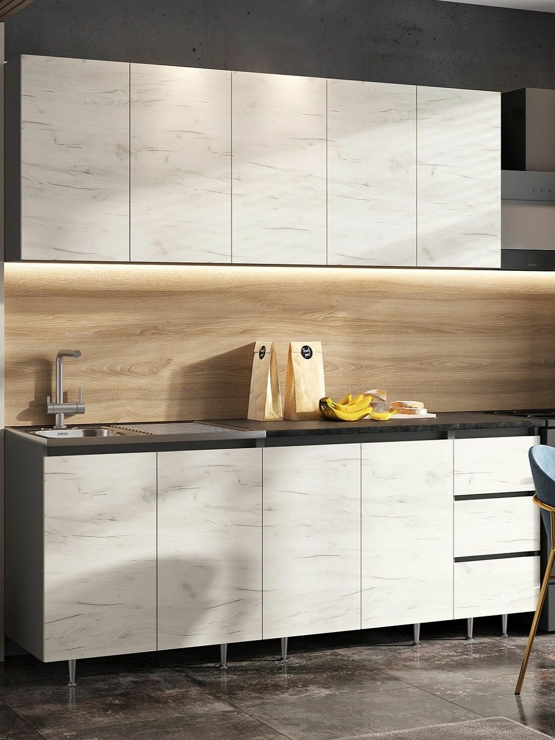 Кухня Челси 2,0м (Дуб Крафт Белый, Графит (Кастилло темный))