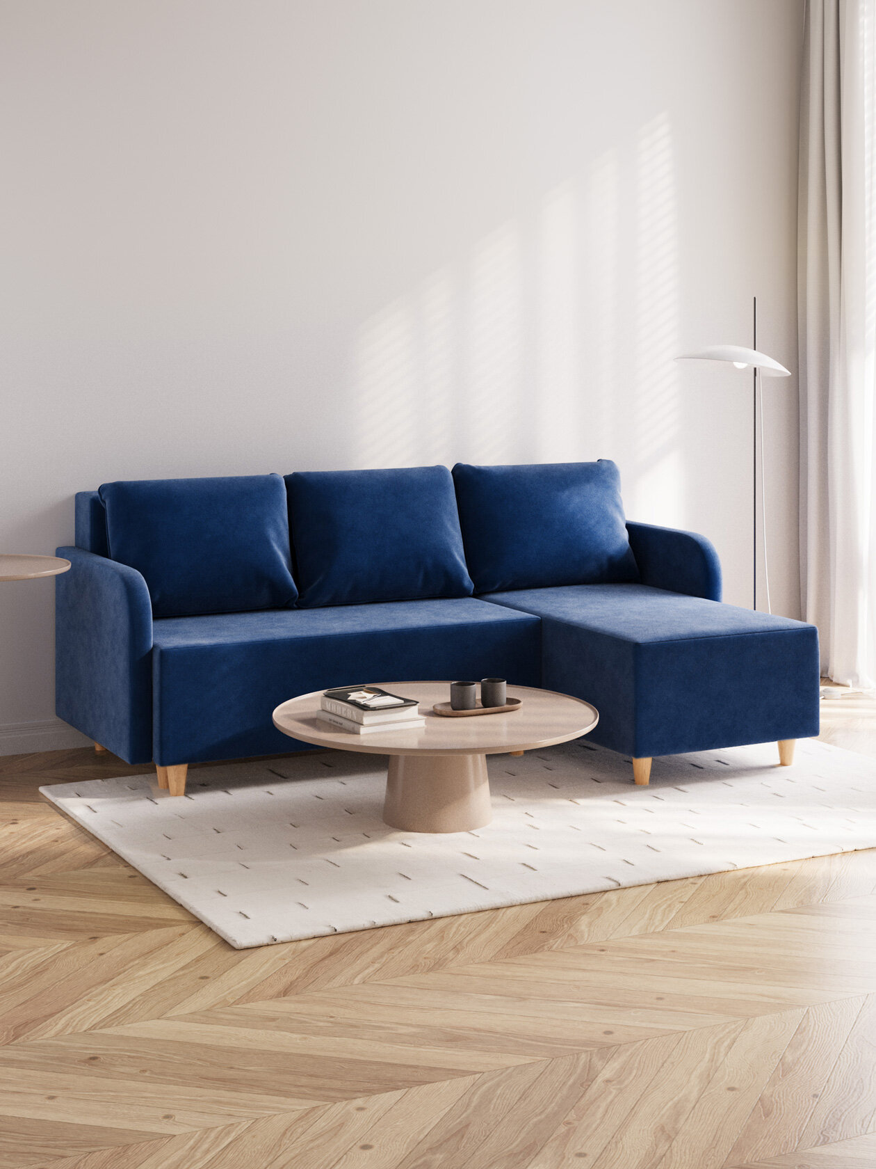 Диван кровать угловой Грейс раскладной, плоские пружины змейка, еврокнижка, со съемными подушками, с ящиком для хранения, 136х201 см спальное место, Синий, велюр