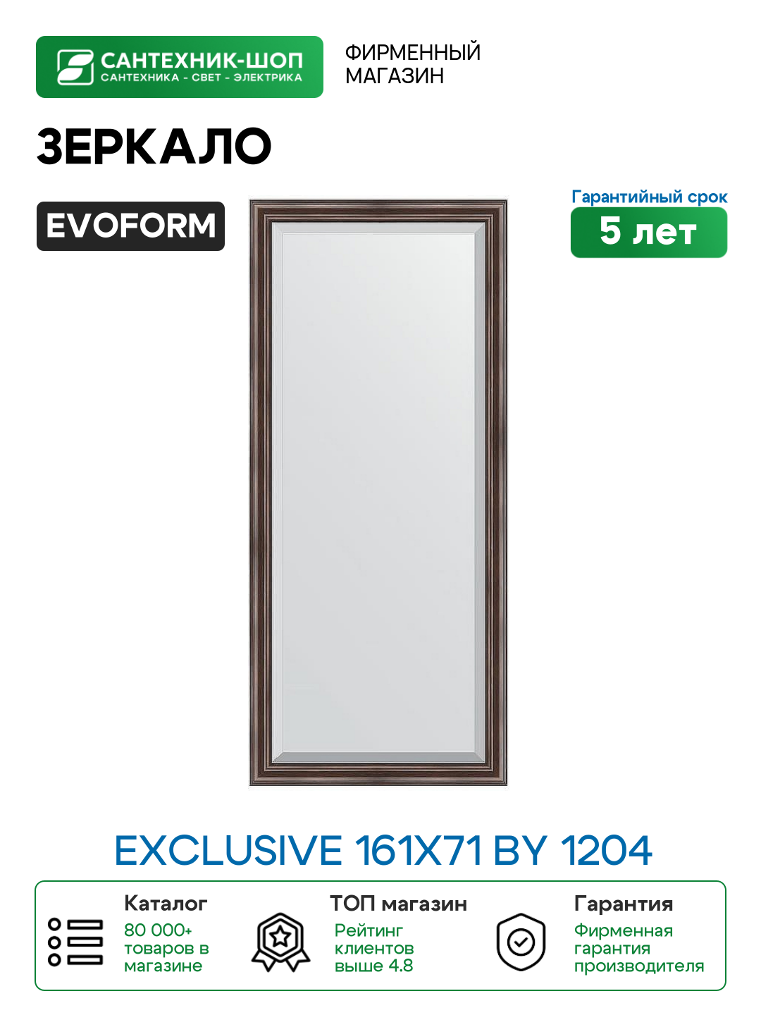 Зеркало Evoform Exclusive 161х71 BY 1204 с фацетом в багетной раме - Палисандр 62 мм стекло