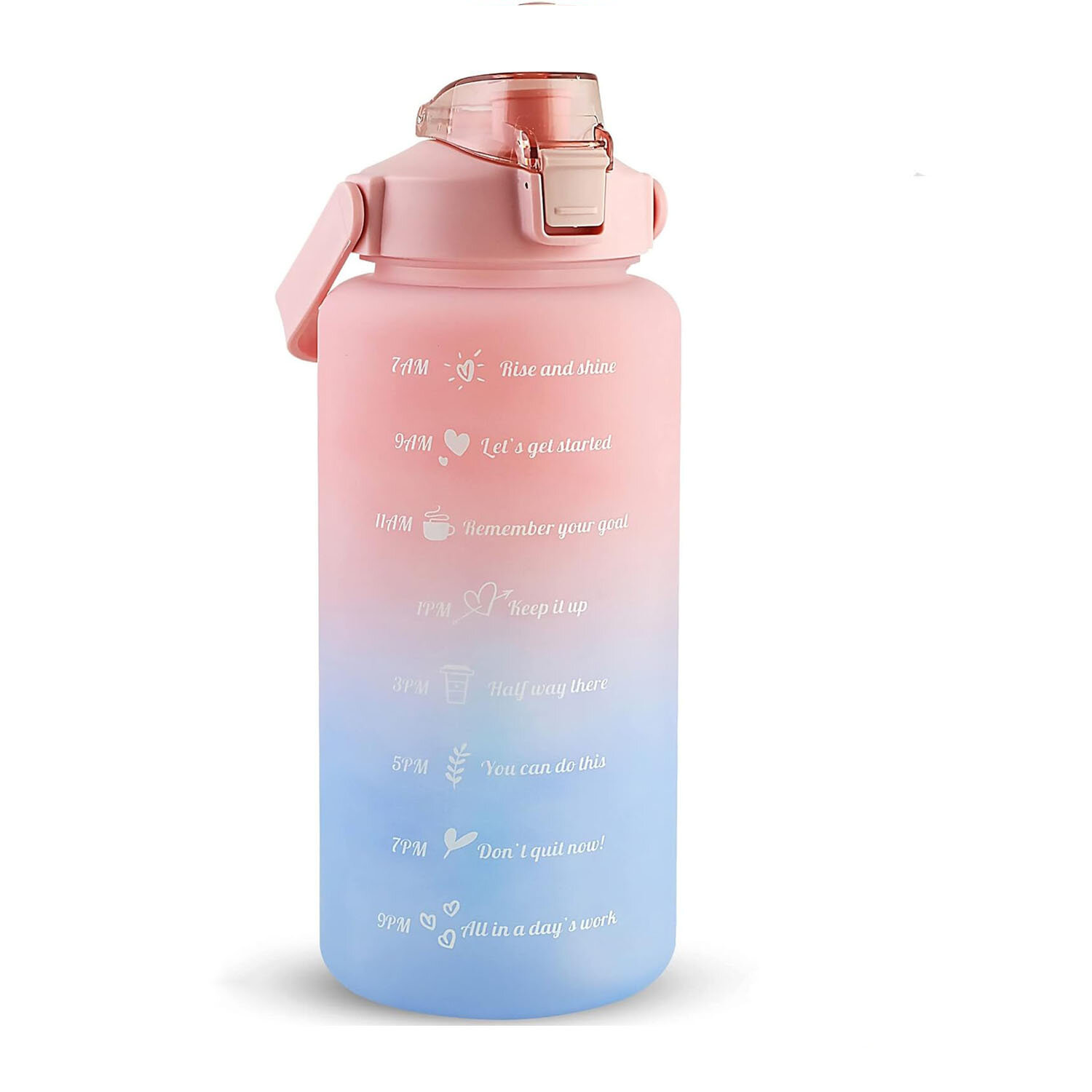 64 OZ/Пол Галлон Бутылка для Воды, Мотиваторный Маркер Времени со Стаканом и Щеткой, Герметичная, Без BPA, Многоразовая, Для Ежедневного Питья Воды, Фитнеса, Тренажерного Зала, О (Розовый, Синий), 2000ML, Плastic, Еда Grade PC, PP, С Shoulder Strap,