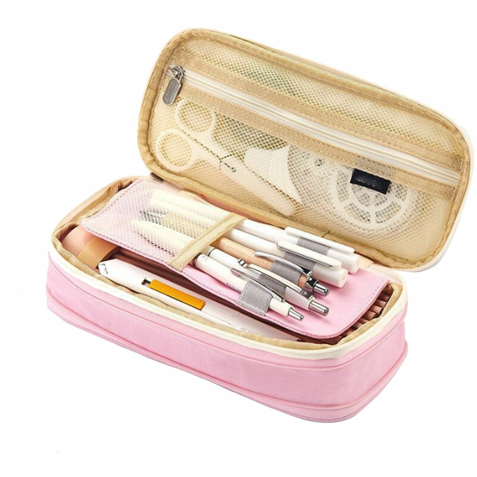 Пенал двухъярусный большой вместительности с металлической молнией и сетчатым карманом, портативный для школьников и офиса, розовый и бежевый