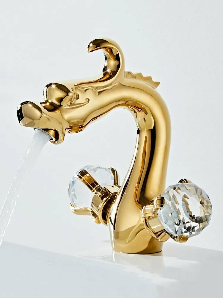 Смеситель для ванной комнаты в европейском стиле в форме дракона, двойная ручка из хрусталя, для горячей и холодной воды, латунь