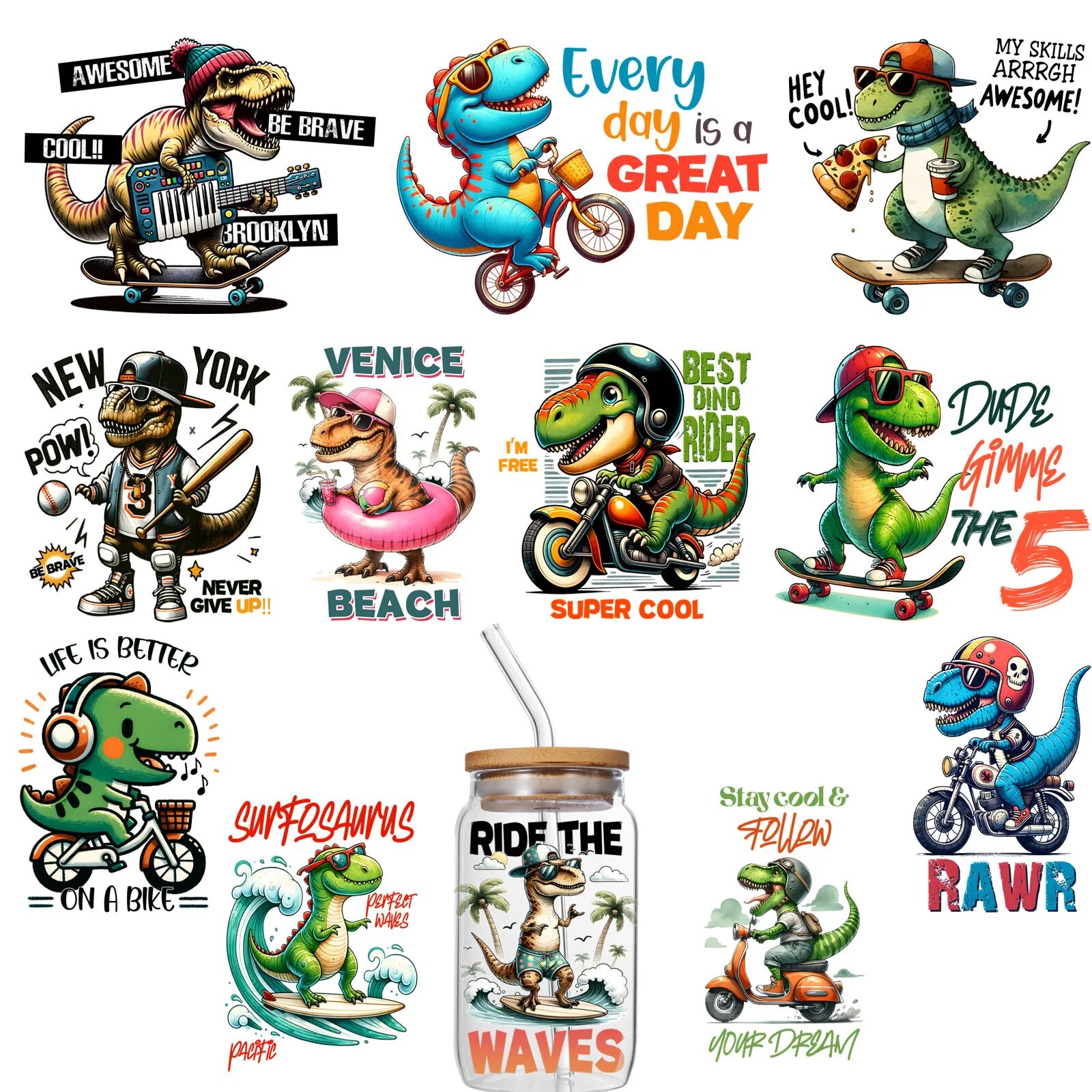 Наклейки Переводные УФ DTF с динозаврами, 12 шт, водонепроницаемые наклейки, наклейки, подходят для рукоделия, ремесла для стекла 16 унций
