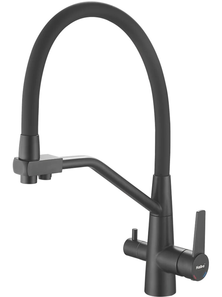 Смеситель для кухни Haiba HB76822-7 с гибким изливом, с краном для питьевой воды, с поворотным изливом, черный, матовый, однорычажный, нержавеющая сталь, с керамическим картриджем