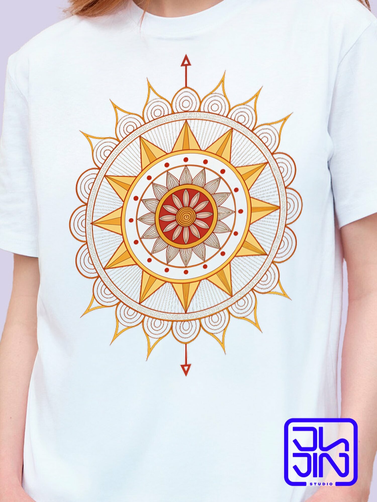 Футболка классическая женская с авторским принтом Мандала геометрическая желтая с кругом, этническое оранжевое солнце, белый хлопковый трикотаж с прикольным рисунком на груди