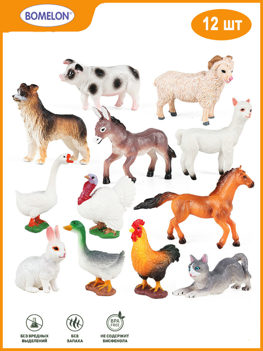 Ферма-игра: Набор фигурок домашних животных и птиц 12 шт, пластиковые развивающие игрушки для детей 3+
