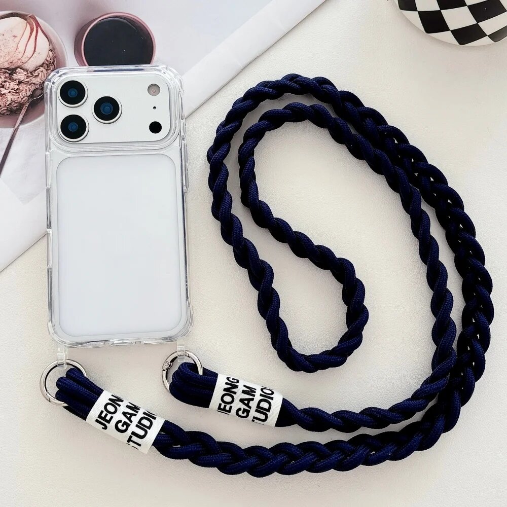 Прозрачный чехол через плечо с длинным ремешком для iPhone Айфон 12 Про Макс, Темно-синий, Navy Blue