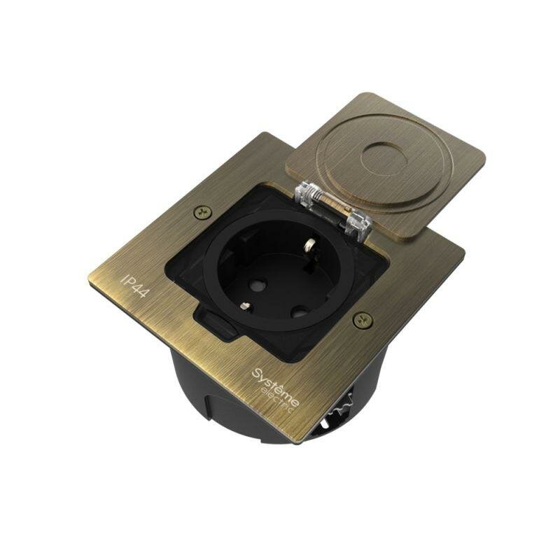 Лючок MultiDesk MDK21 с розеткой 2P+E 16А 250В IP44 с монтажной коробкой для стены фальшпола стола античная латунь SE MDK21102BA