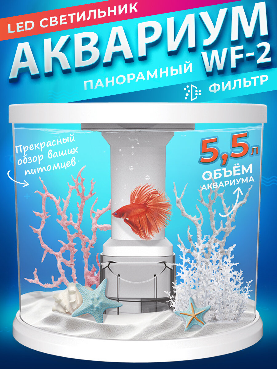Аквариум для рыбок Pawgether WF-2 панорамный 5,5 л, настольный с фильтром и светильником