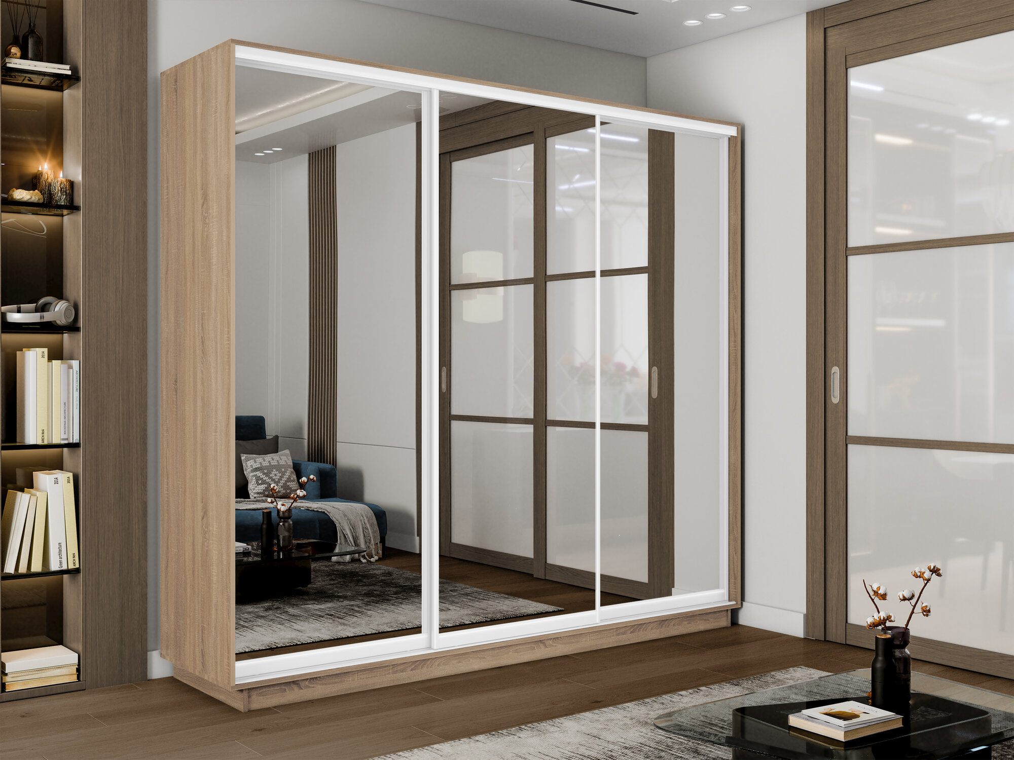 Шкаф купе Вилли 3-х дверный ЛДСП, зеркальные двери, профиль белый 180 см х 220 см х 45 см (Дуб Сонома)