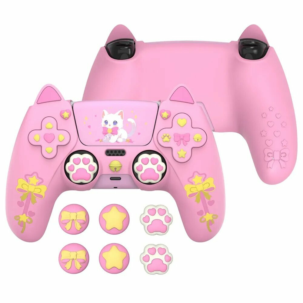 PlayVital силиконовый чехол Sweetheart Kitty для PS5, антискользящий с защитой стиков, розовый