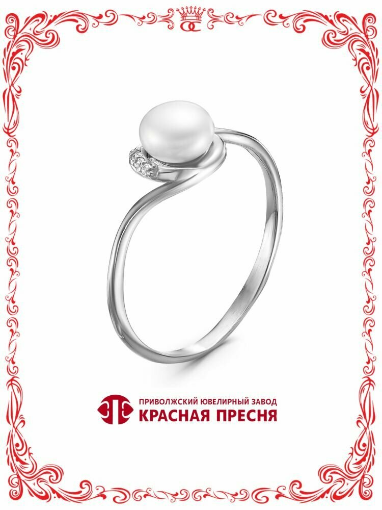 Кольцо, серебро, 925 проба, родирование, жемчуг культивированный, фианит