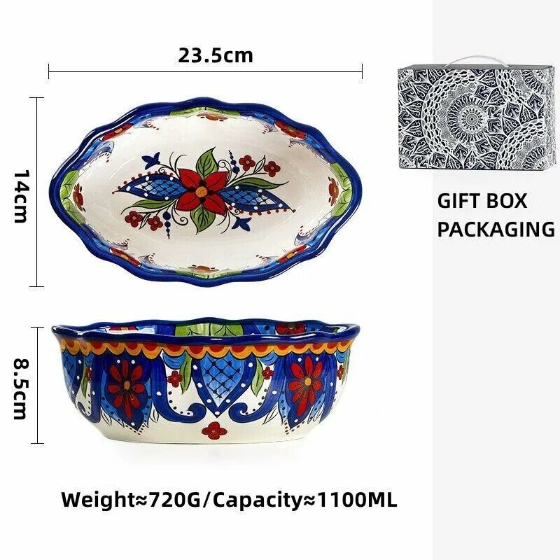 OMK Салатник "Американская керамическая овальная салатница ручной росписи объемом 1100 мл" 1100 мл 1 шт синий