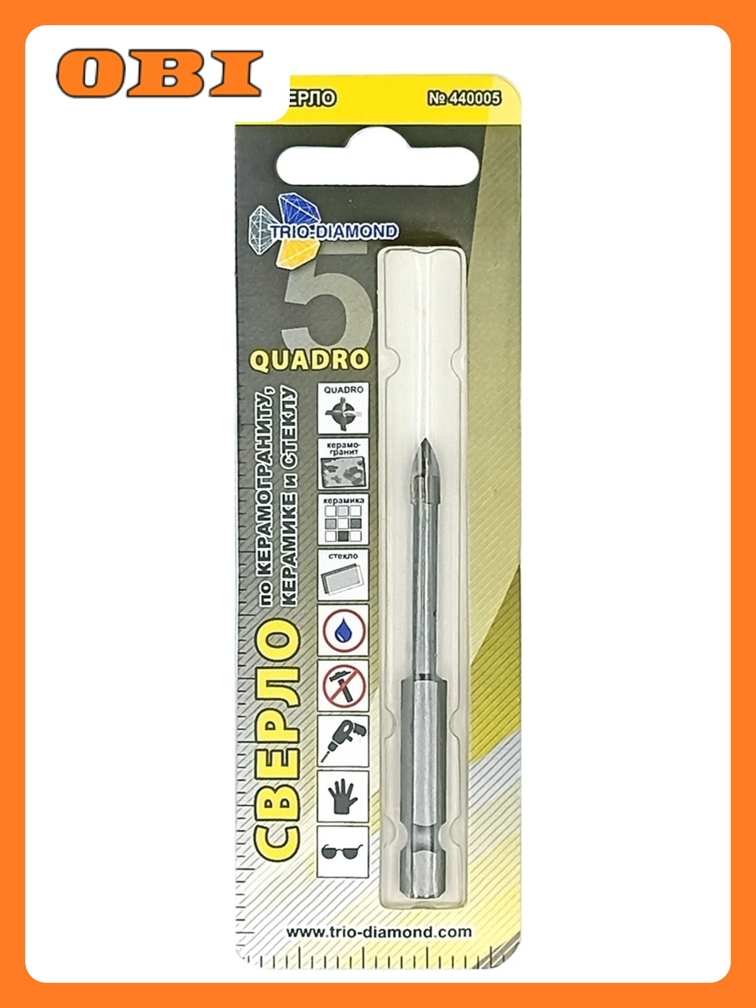 Сверло Trio Diamond 440005, по керамике, стеклу, керамограниту, 5мм