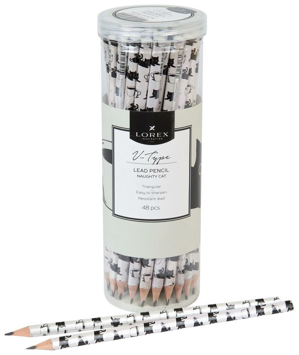 Карандаш чернографитный НВ "V-Type Naughty cat", трехгранный, заточенный, в тубусе, 48 шт, LOREX