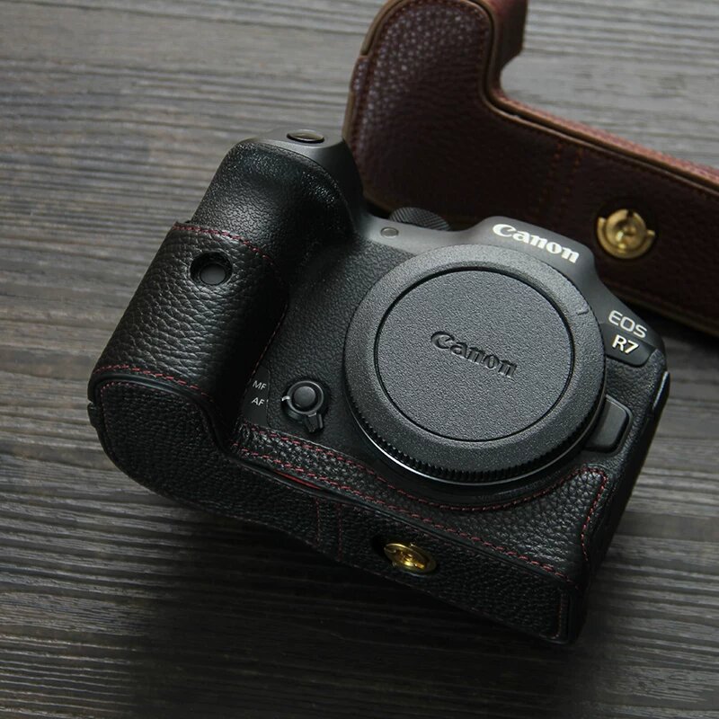 Черный с красными полосками, кожаная подставка для Canon EOS R7 из второслойной кожи