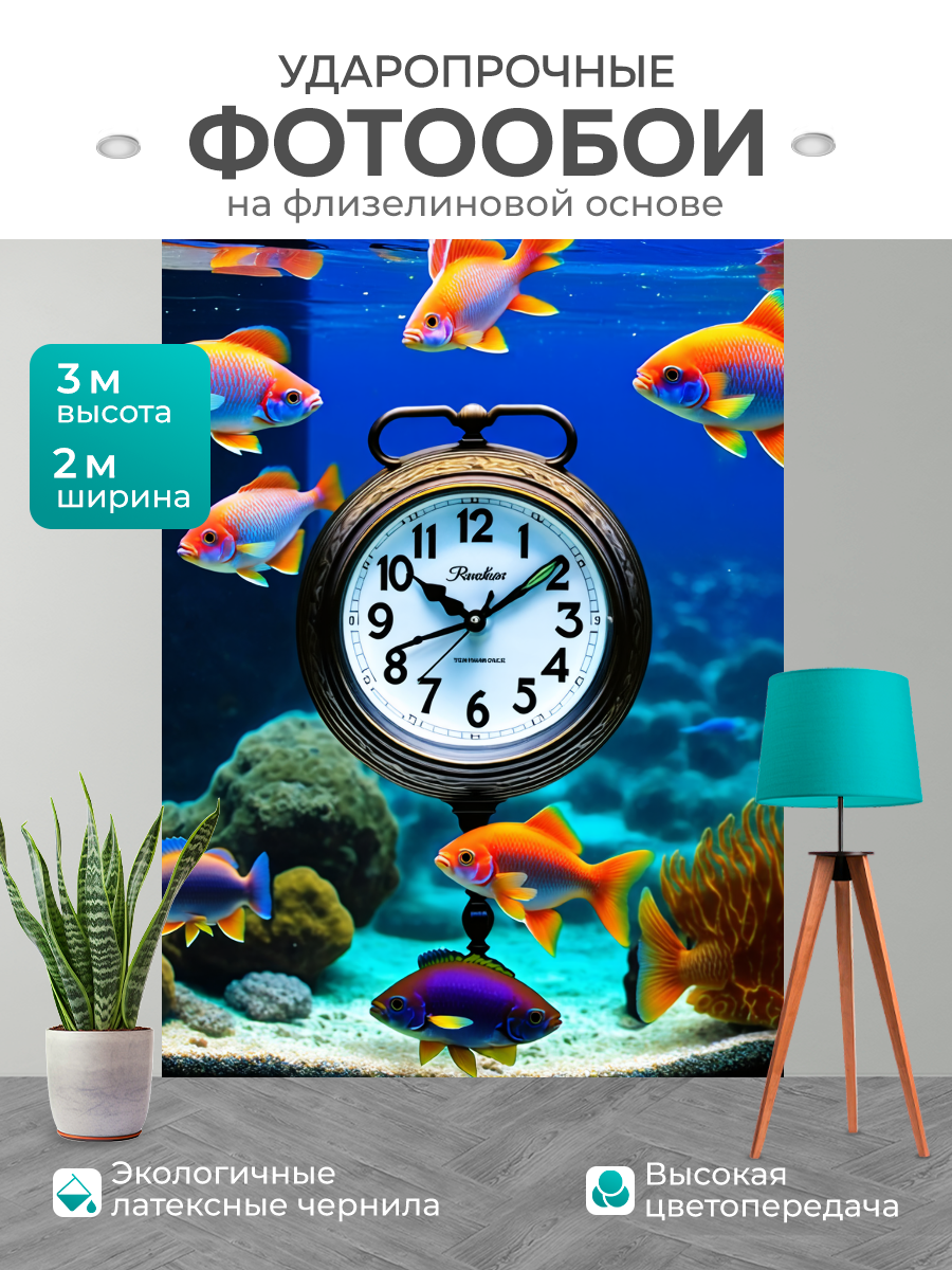 Фотообои моющиеся ударопрочные "Часы-аквариум с живыми рыбками, плавающими вокруг циферблата, расположенные в яркой морской обстановке, создающие." 200x300 см. флизелиновые на стену