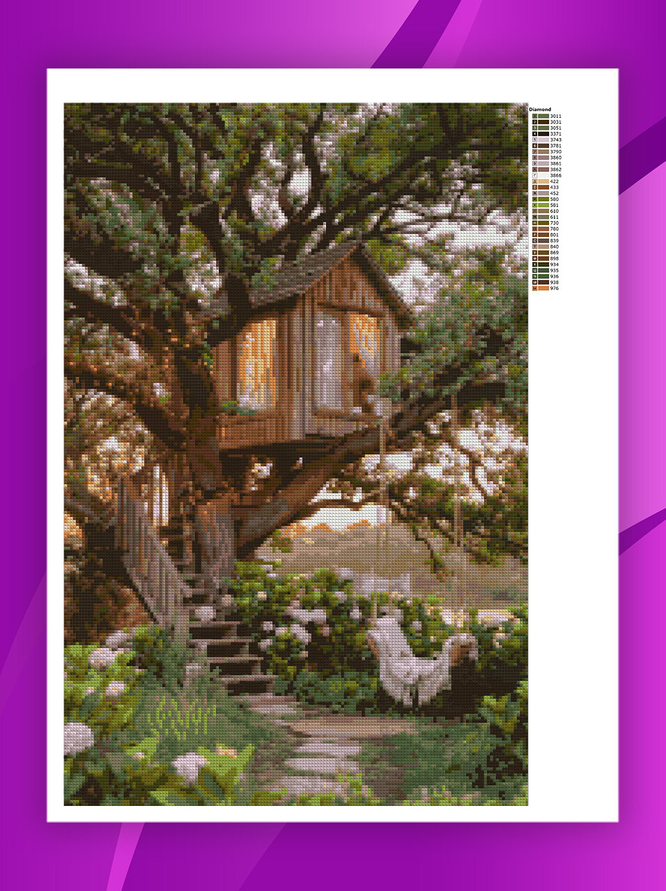 Алмазная мозаика без подрамника - вышивка - Домик на дереве 40 х 60 см