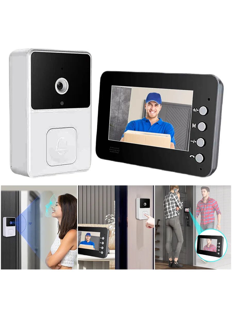 Беспроводной видеодомофон 4.3 дюйма без трубки: цветной экран, запись на карту памяти, питание от аккумулятора.