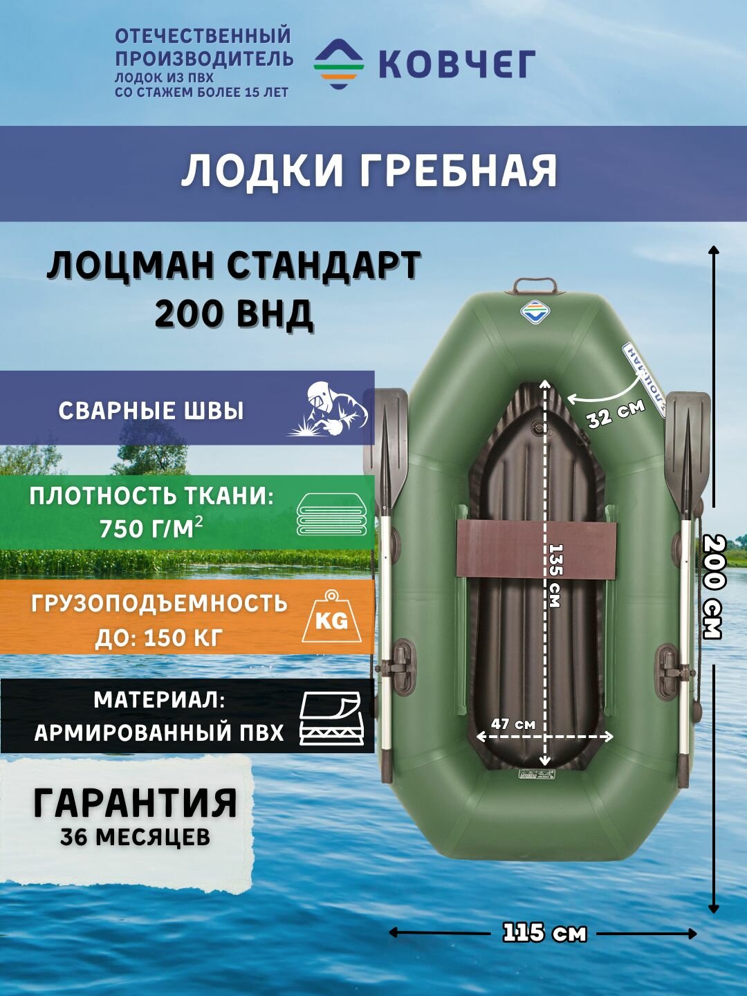 Лодка ПВХ гребная для рыбалки Лоцман Стандарт 200 ВНД (зеленый)