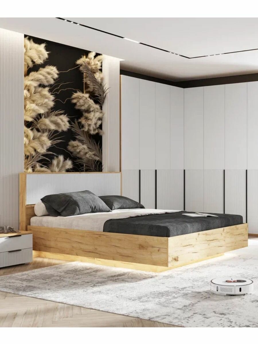 Кровать двуспальная парящая Марвэл 1.6 Дуб Крафт/Браш Вайт/Дуб Крафт, ортопедическое основание, подсветка, МИФ