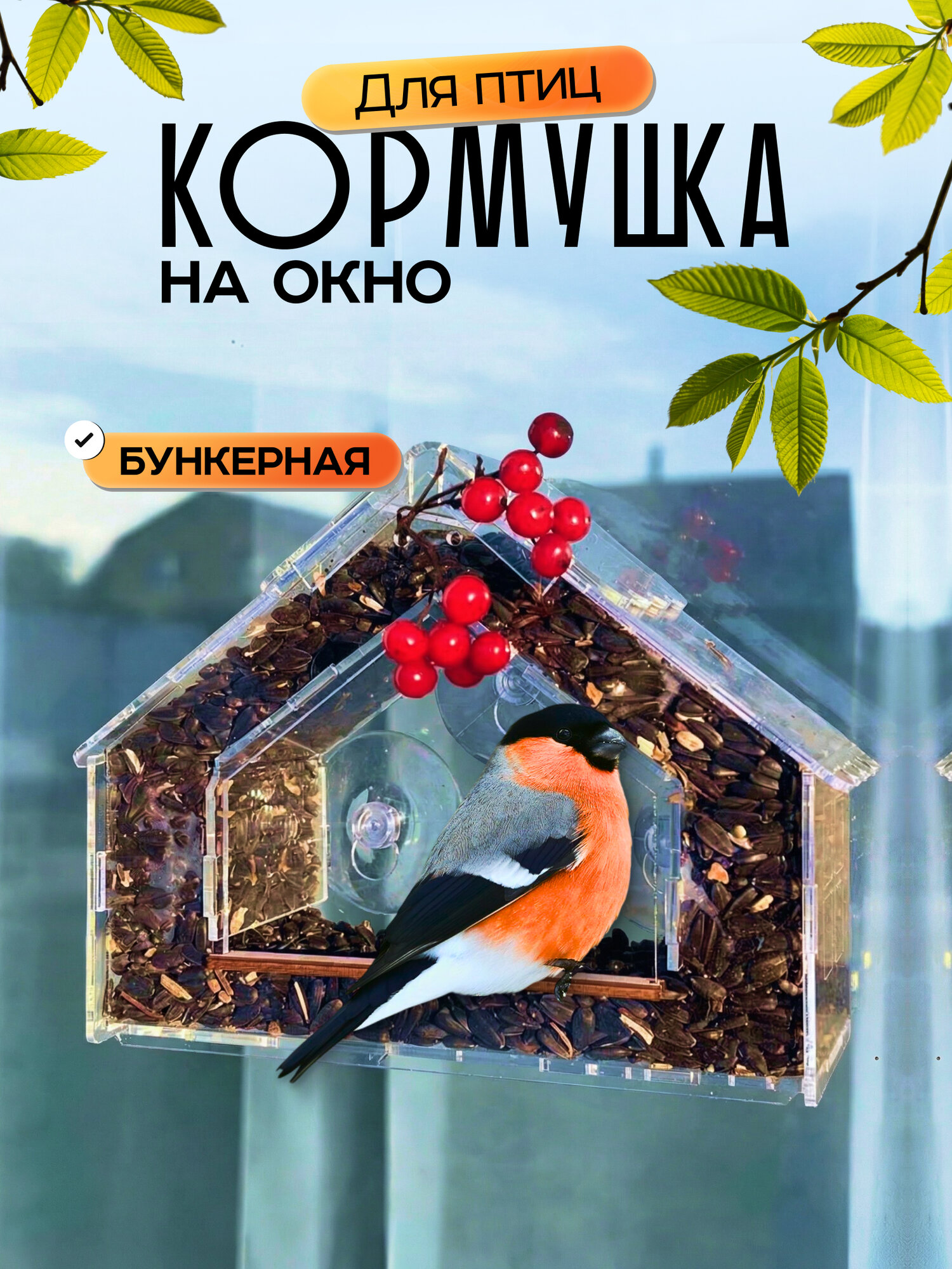 Кормушка для птиц "Бункерная", прозрачная, на окно, автоматическая, синяя, 20x16 см