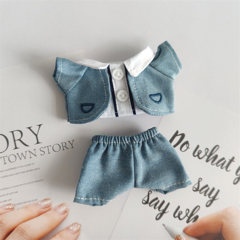 17 см подвеска Labubu, детская одежда, милый джинсовый комбинезон, комплект из двух предметов, рубашка, костюм, сменная