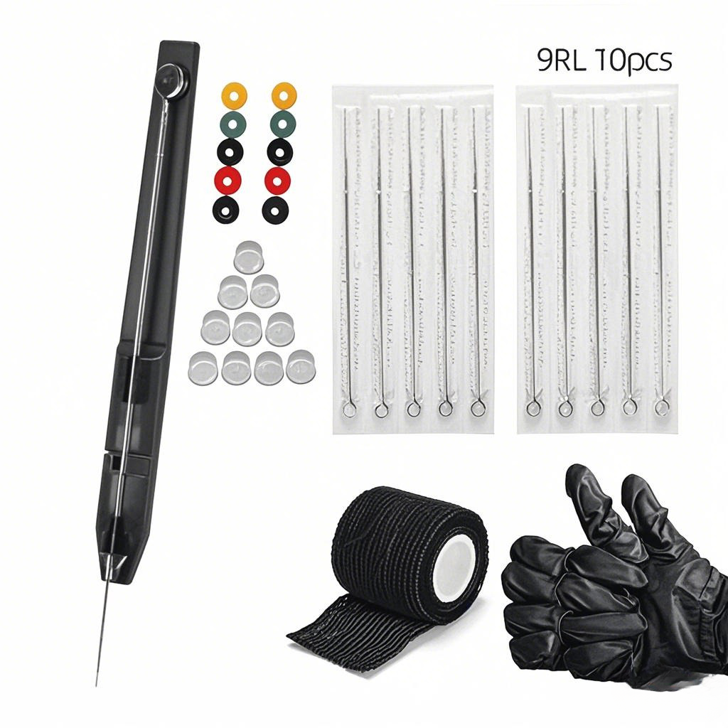 Татуажный комплект с ручным пикером, держателем игл, 10 штуками татуажных игл, бинтом, громметами, черной татуажной краской, перчатками для татуаторов, материал ABS, цвет разноцветный, размер упаковки 16*9.3*6см, вес упаковки 117г, виды игл