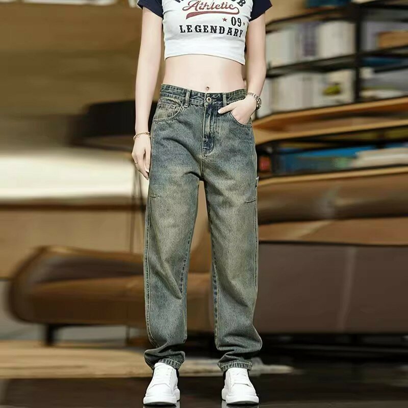 Тренд RONG CH Мужские Джинсы Высокий Улица Потертые Изогнутые Широкие Деним, Размер_33