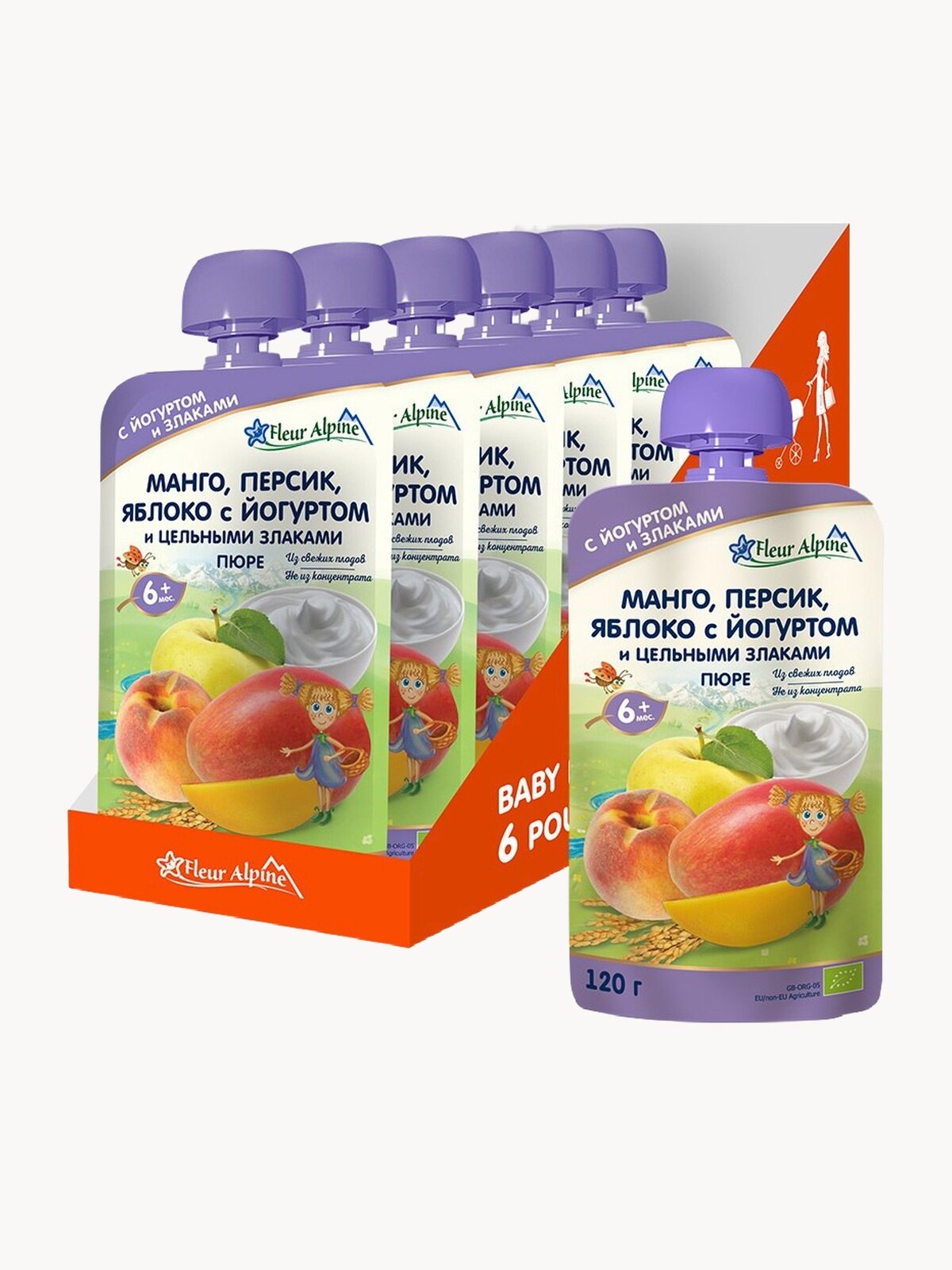 Пюре детское Fleur Alpine Манго, персик, яблоко с йогуртом и цельными злаками, с 6 месяцев, 6 шт. х 120 г
