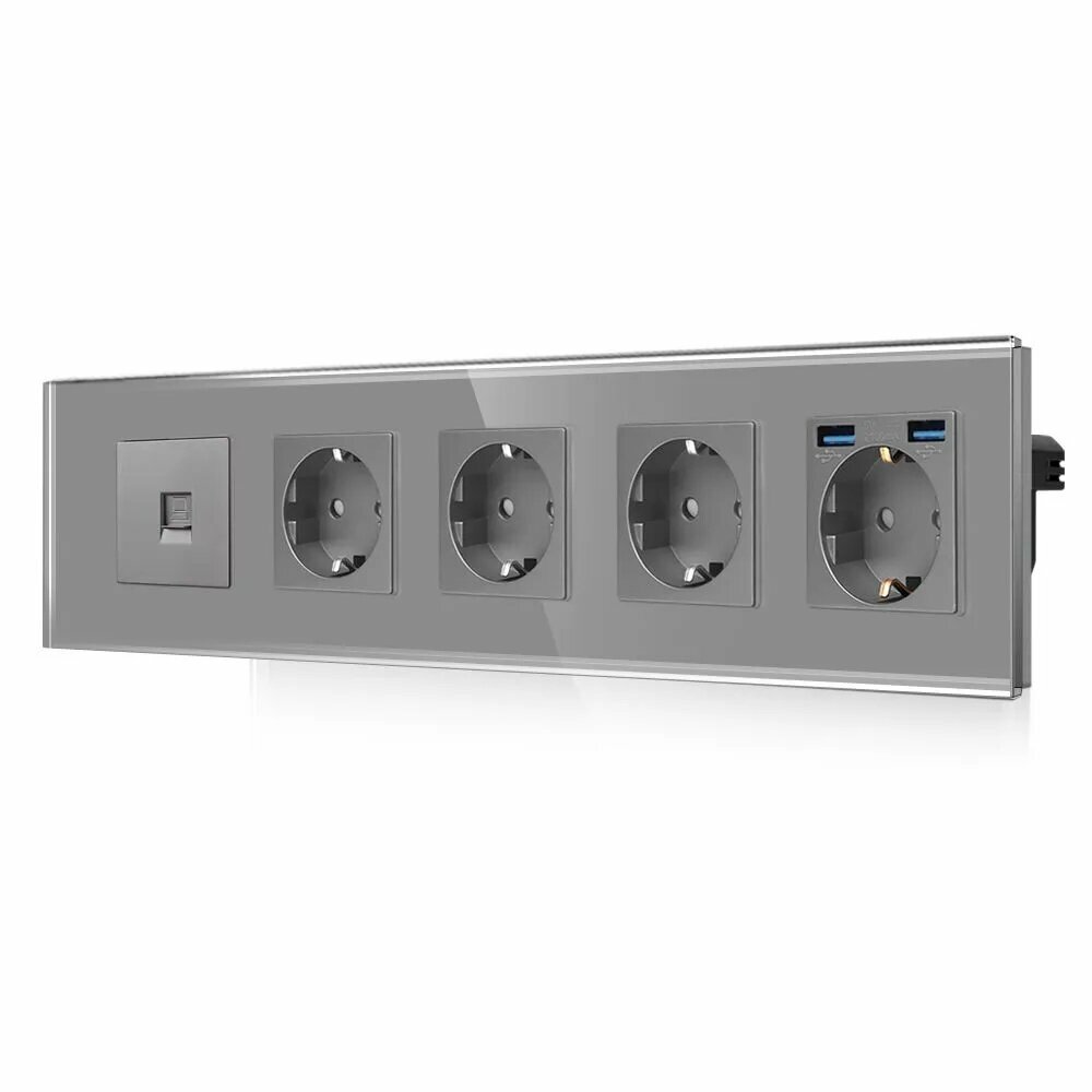 Розетка с USB-портами и интернетом / Rj-45,5 поста, серый Закаленное стекло.