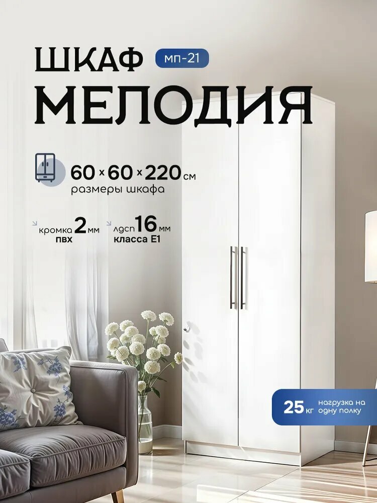 Шкаф с полками Ритм МП-21 60х60х220 см, распашной, в прихожую, лдсп Белый текстурный