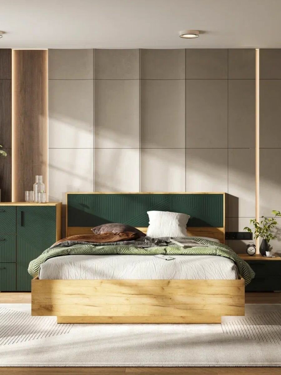 Кровать двуспальная парящая Сильвия 1,6 МДФ 1708х100х2101 Дуб крафт/Браш Мени Грин, с ортопедическим основанием, подсветкой, МИФ