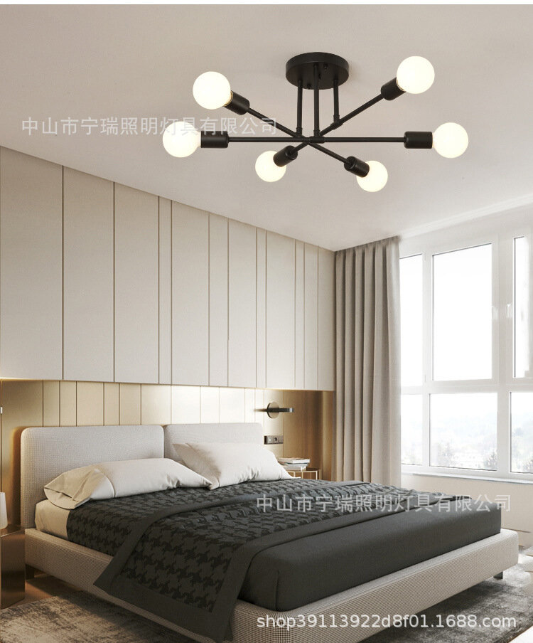 Кросс-бордерный скандинавский потолочный светильник для спальни гостиной ресторана кабинета индустриального стиля простой железный многоголовый люстра белый свет 6 голов черный