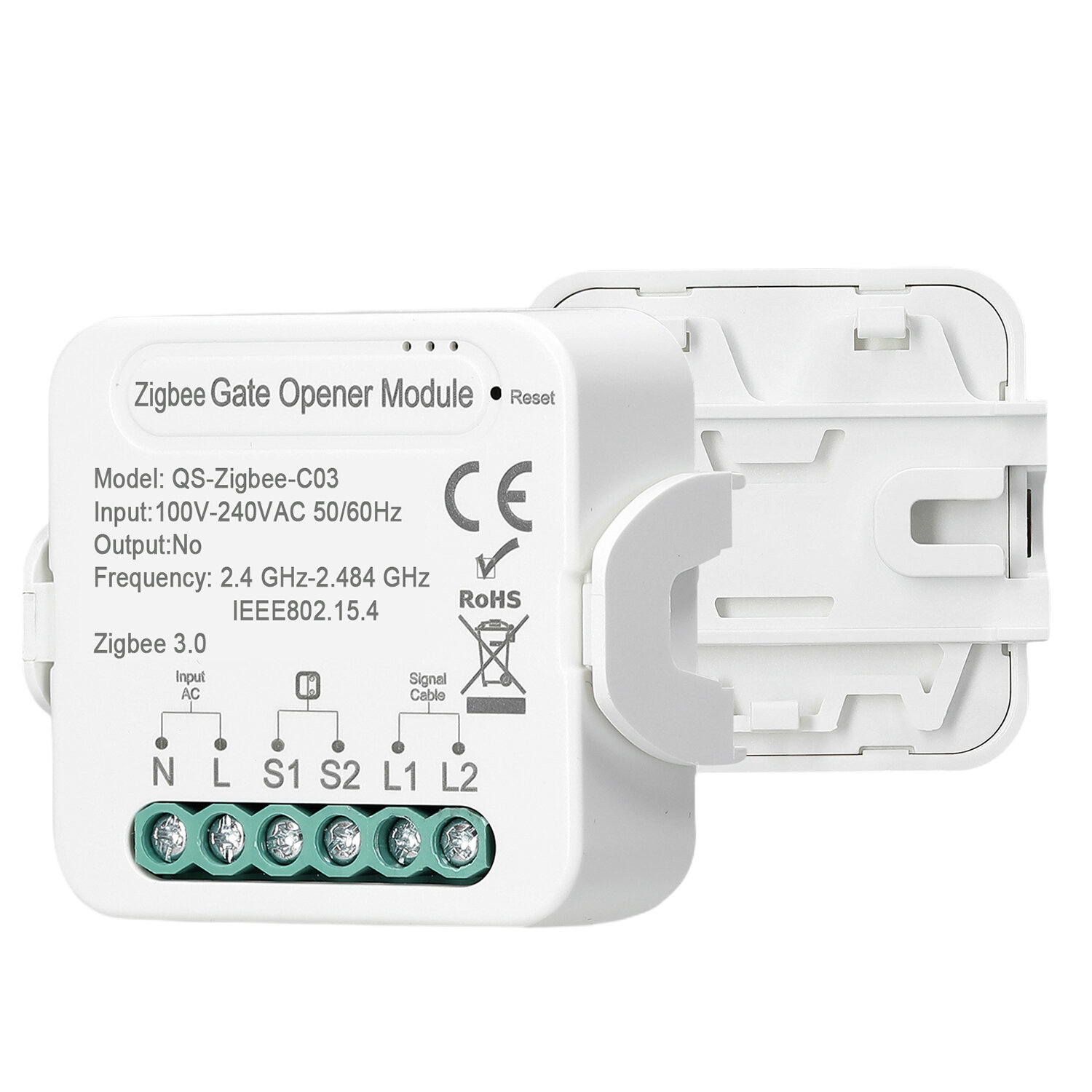 Контроллер открывания гаражной двери Tuya ZigBee, управление через мобильное приложение, совместимый с Google Home для голосового управления, материал ABS+PC, входное напряжение 100-240VAC 50/60Hz, частота 2.4GHz-2.4835GHz, температура -10℃ +40℃,