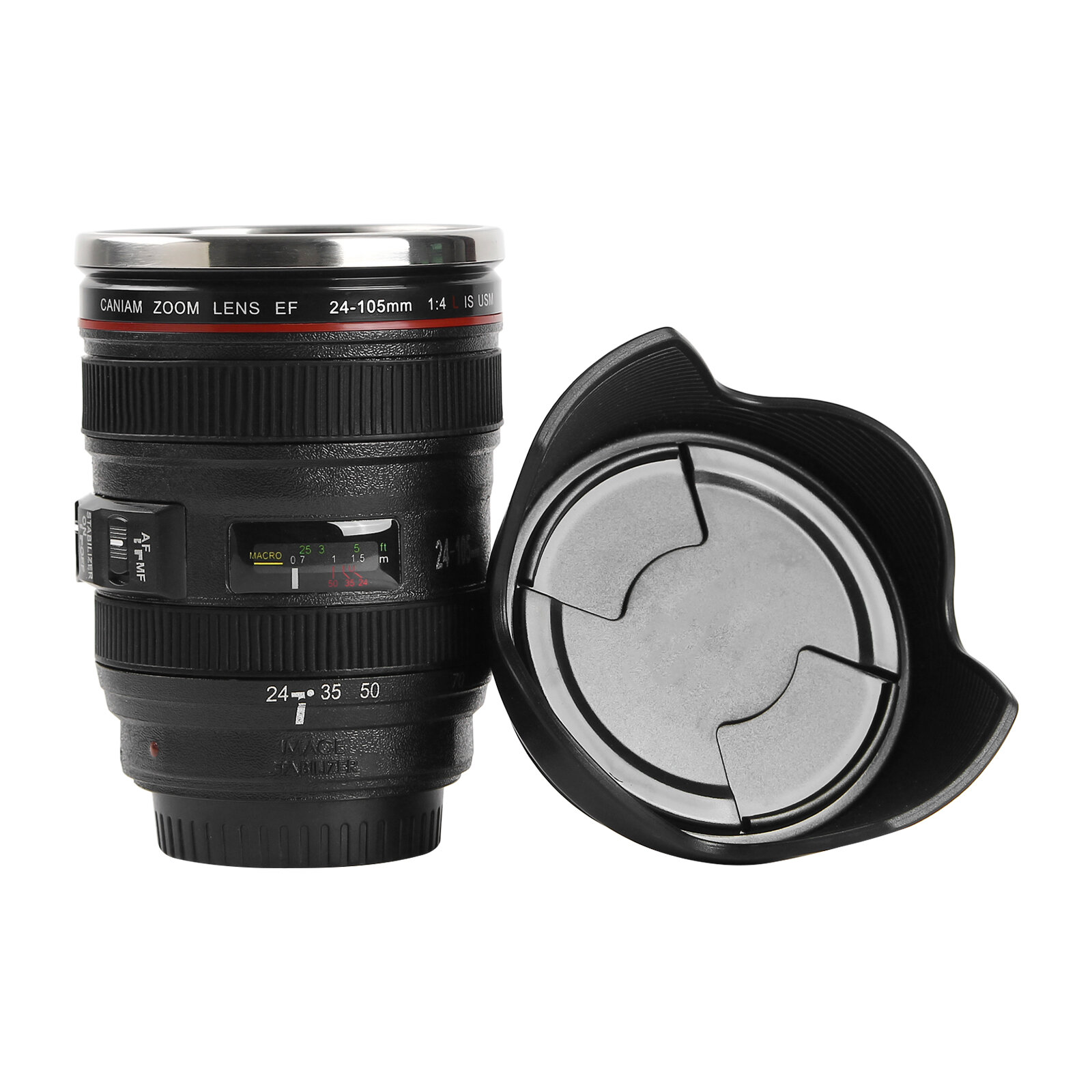 Кружка для кофе в виде объектива камеры EF24-105mm из нержавеющей стали, ABS и силикона, черный/белый, объем 400мл, размер 14.6*8.3*8.3 см, вес 230г, кружка для путешествий, не протекающая, набор в упаковке 1 шт.