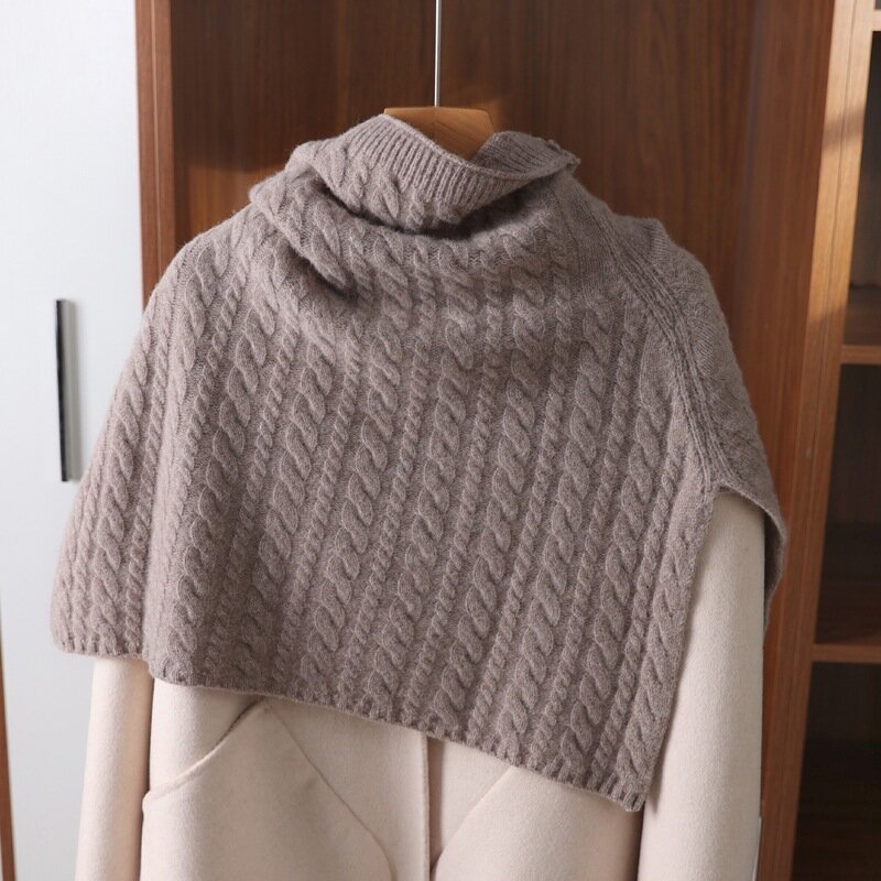 Новая осенне-зимняя 100% шерстяная пуловерная шаль с кабельной вязкой, теплая вязаная накидка