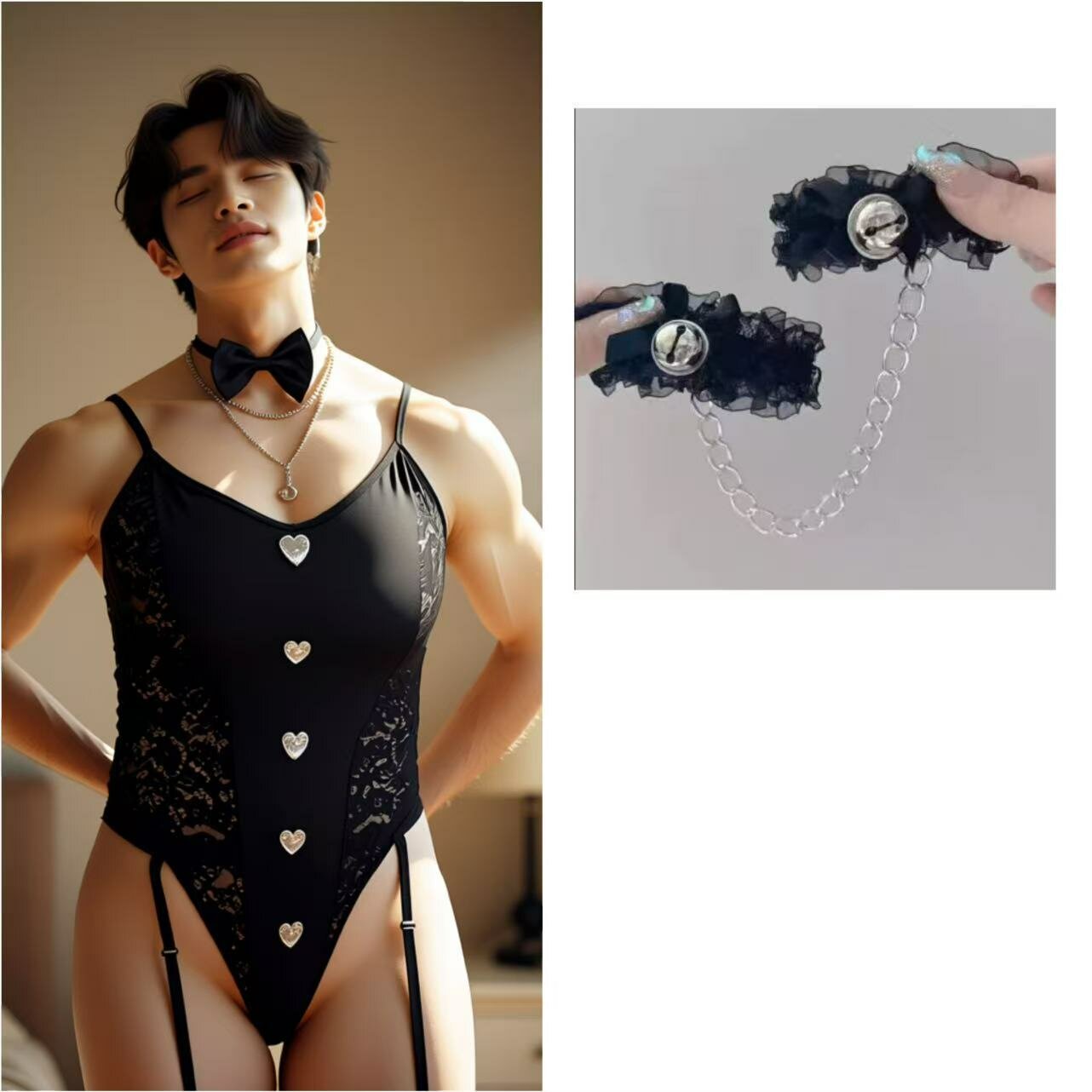 Мужской черный кружевной боди, открытая промежность, не требует снятия, кокетливая униформа, сексуальный слуга для пары, больших размеров, размер: Один размер подходит всем