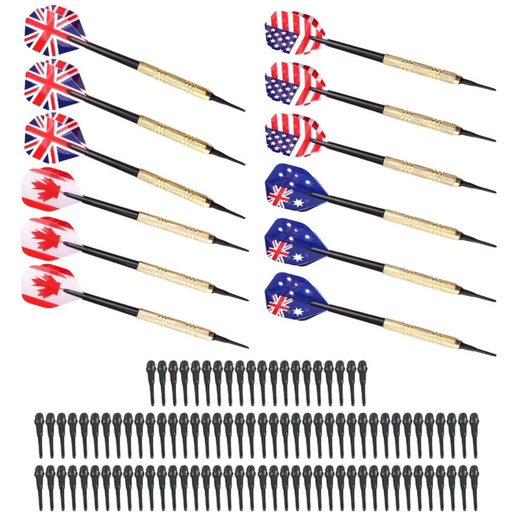 Безопасные Дротики 12 Штук 14 г Набор Дротиков с Мягким Пластиковым Наконечником Пластиковые Бочки Железные Позолоченные Древки Пластиковая Насадка со 100 Наконечником